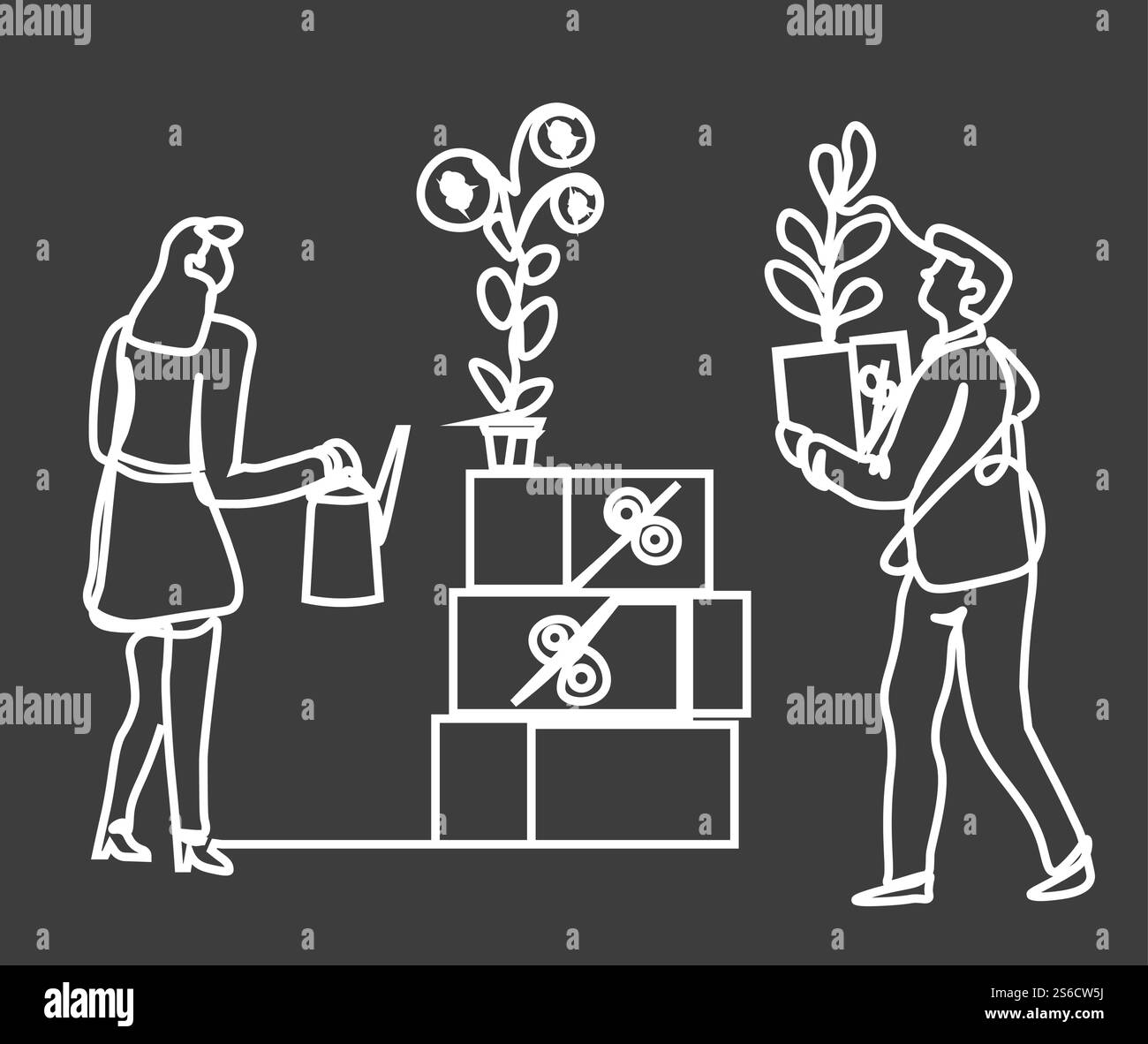 Percentage growing concept, plants in pot, profit growth isolated ...