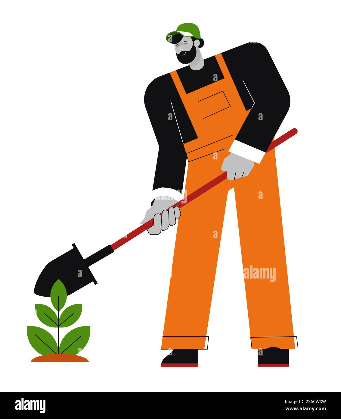 Gardening work, elderly man with spade and tree or vegetable sprout ...