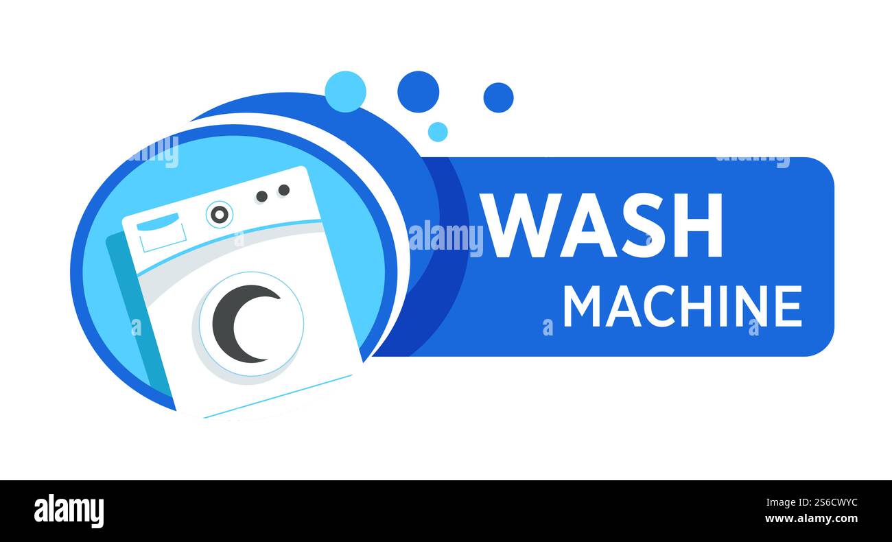 Washing machine logo with text. White appliance to wash laundry in blue ...