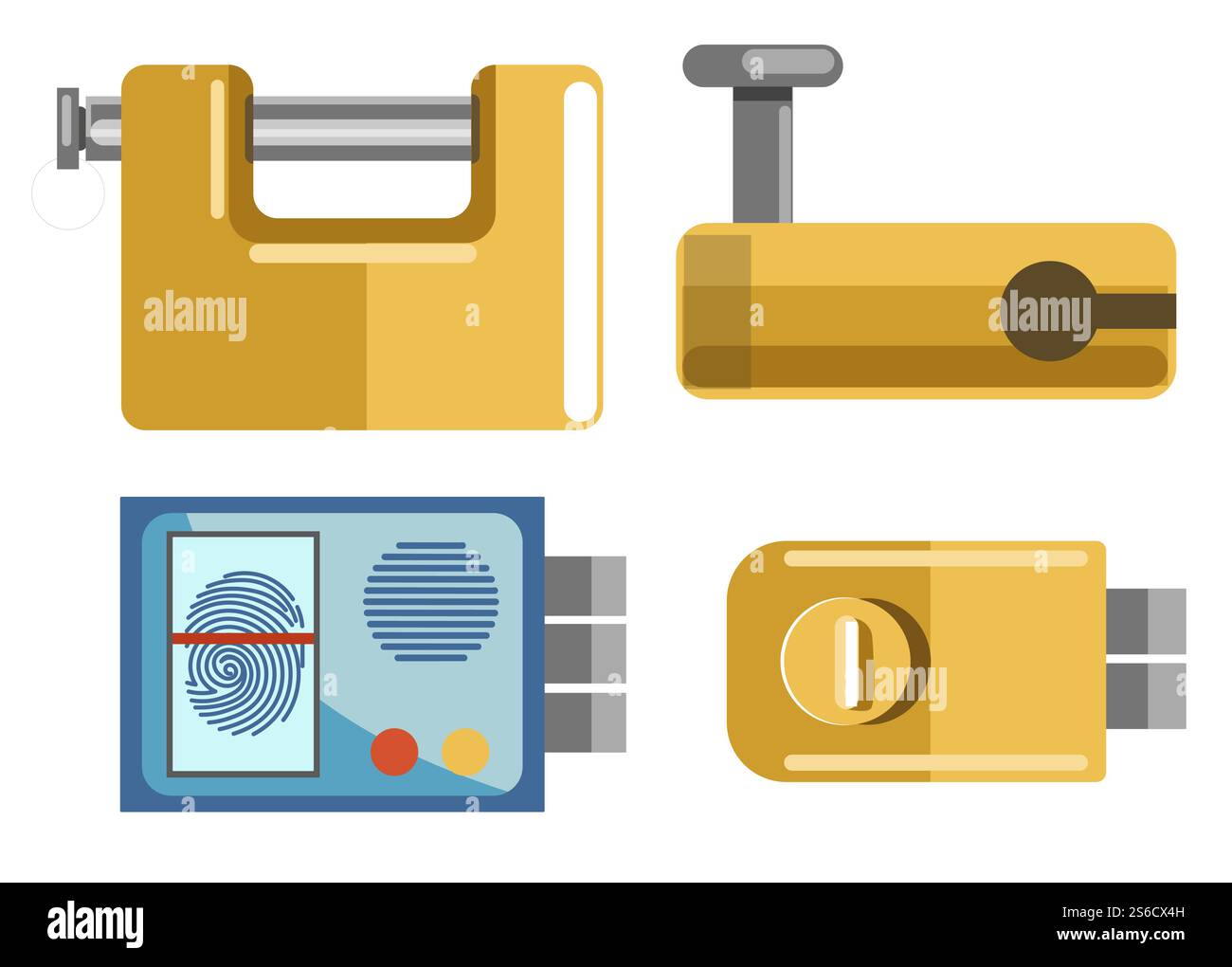Padlocks and locks, fingerprint access isolated objects vector. Latches, house security and ...