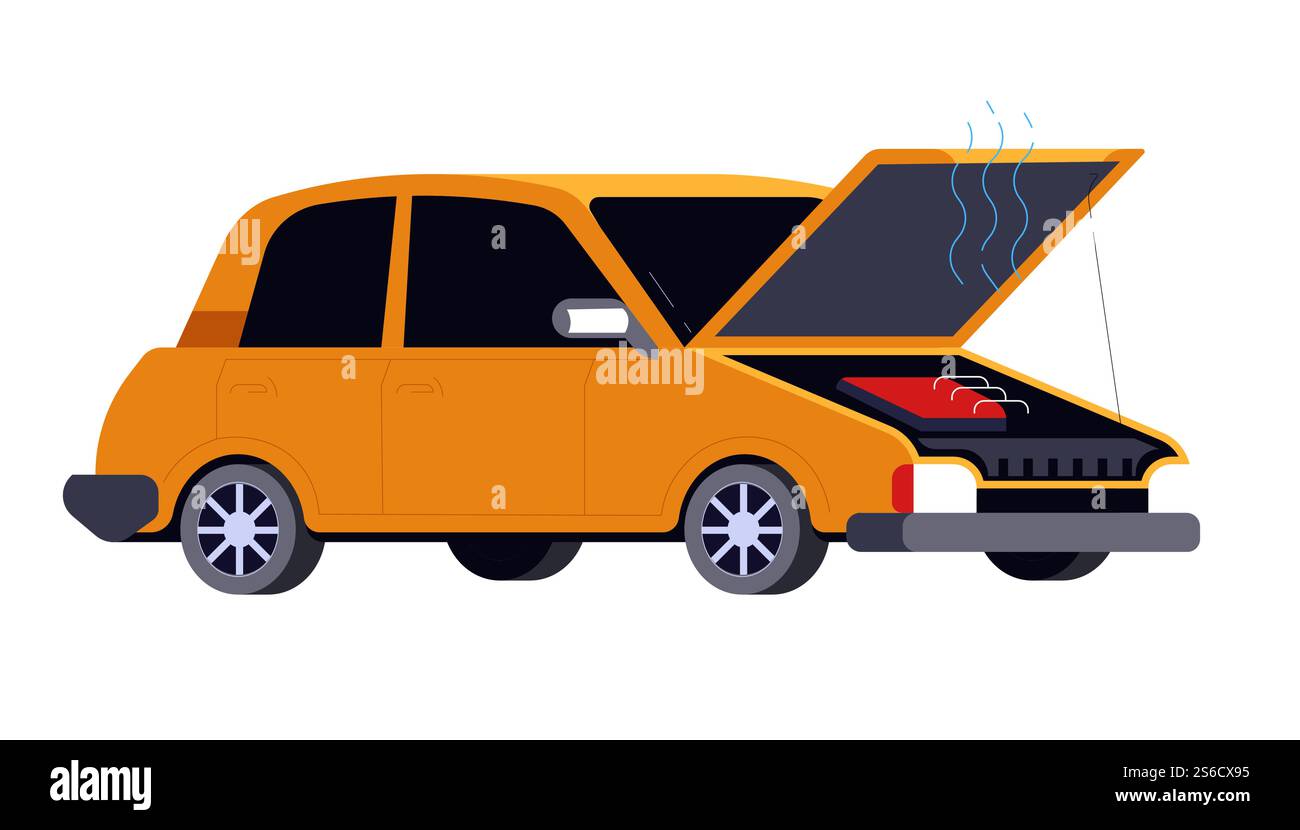 Car crash, broken vehicle with open hood and smoke, road accident ...