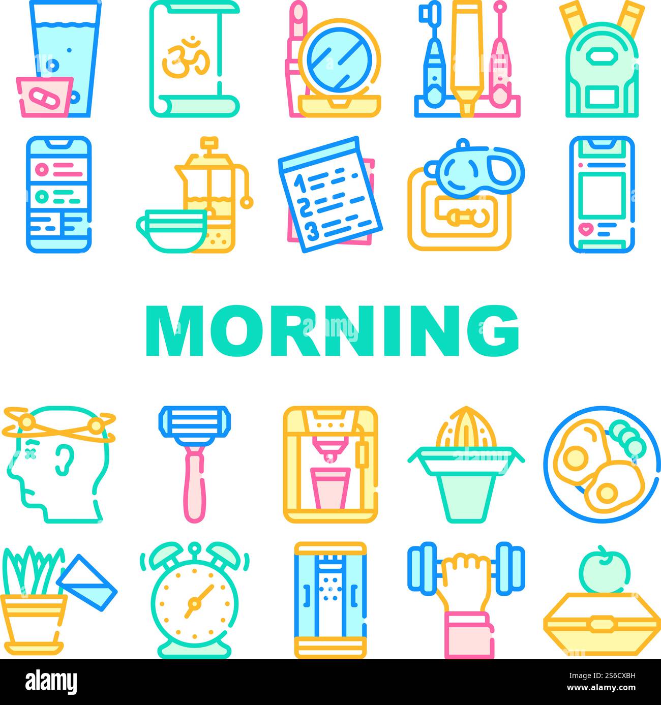 Morning Routine Daily Collection Icons Set Vector. Morning Yoga And ...
