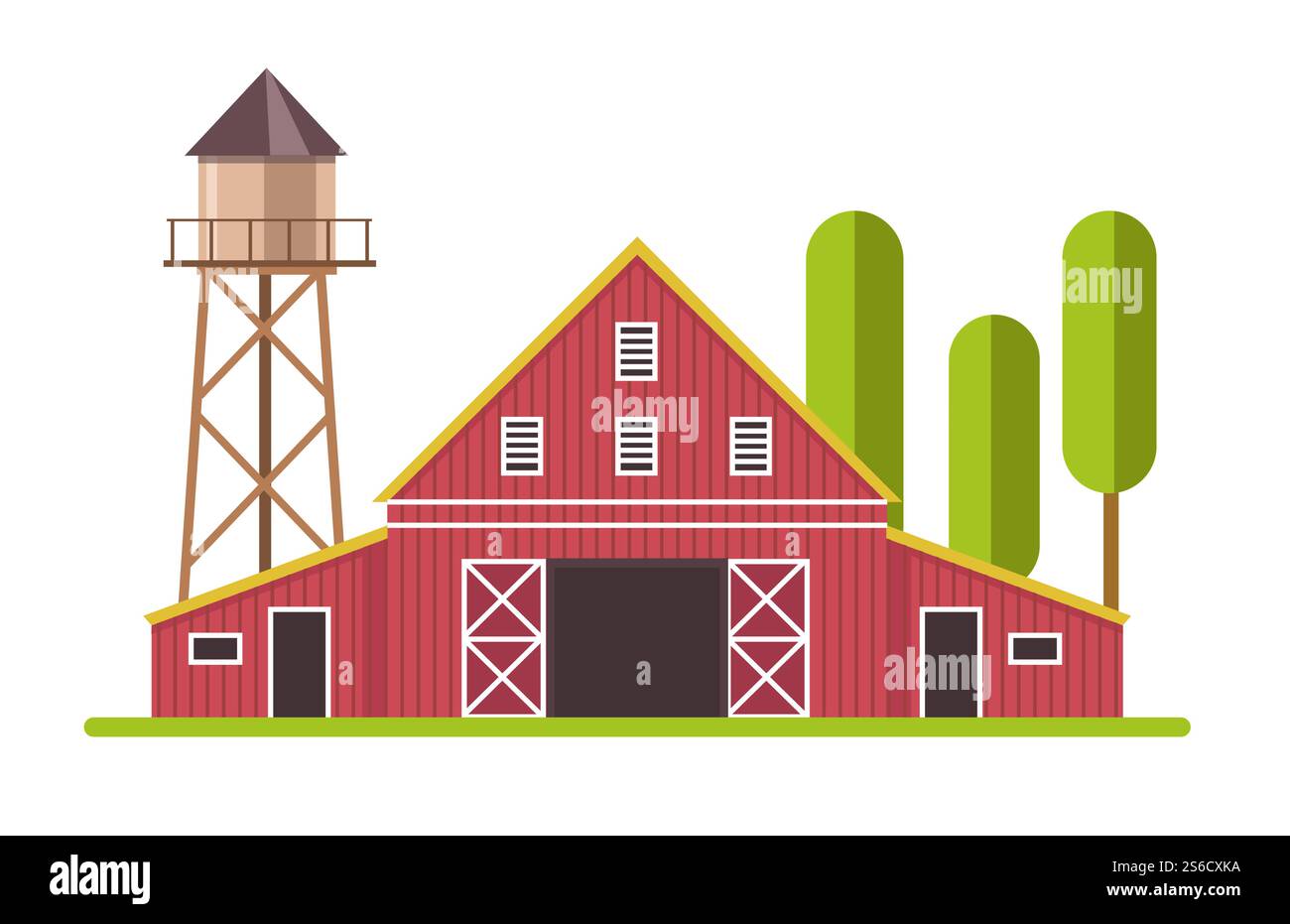 Barn and water tower at farm land countryside. Wooden agricultural ...