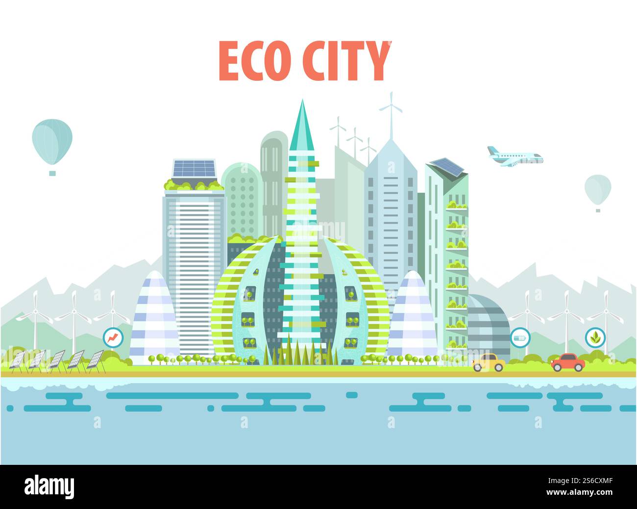 Eco-friendly housing complex, cityscape with skyscrapers and windmills ...