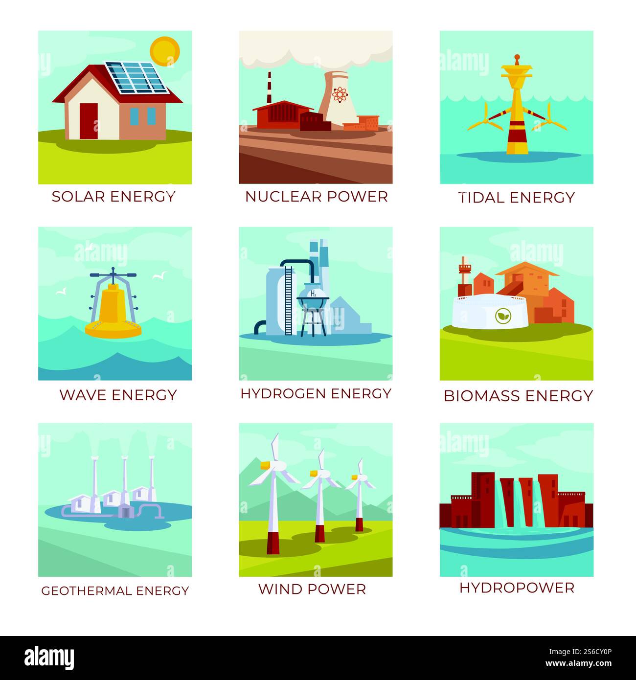 Power plants and natural energy sources, isolated icons vector. Solar ...