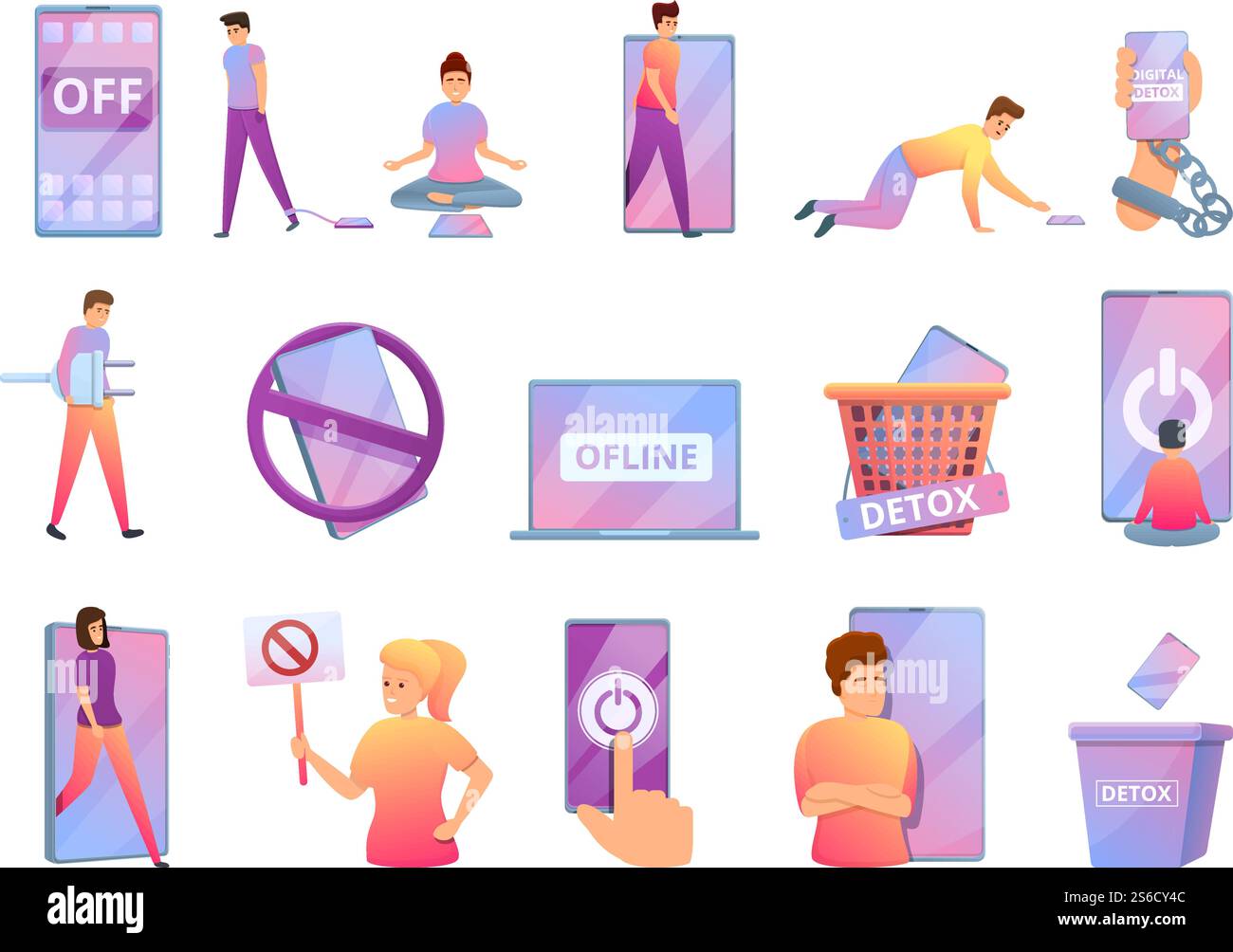 Digital detoxing icons set. Cartoon set of digital detoxing vector ...