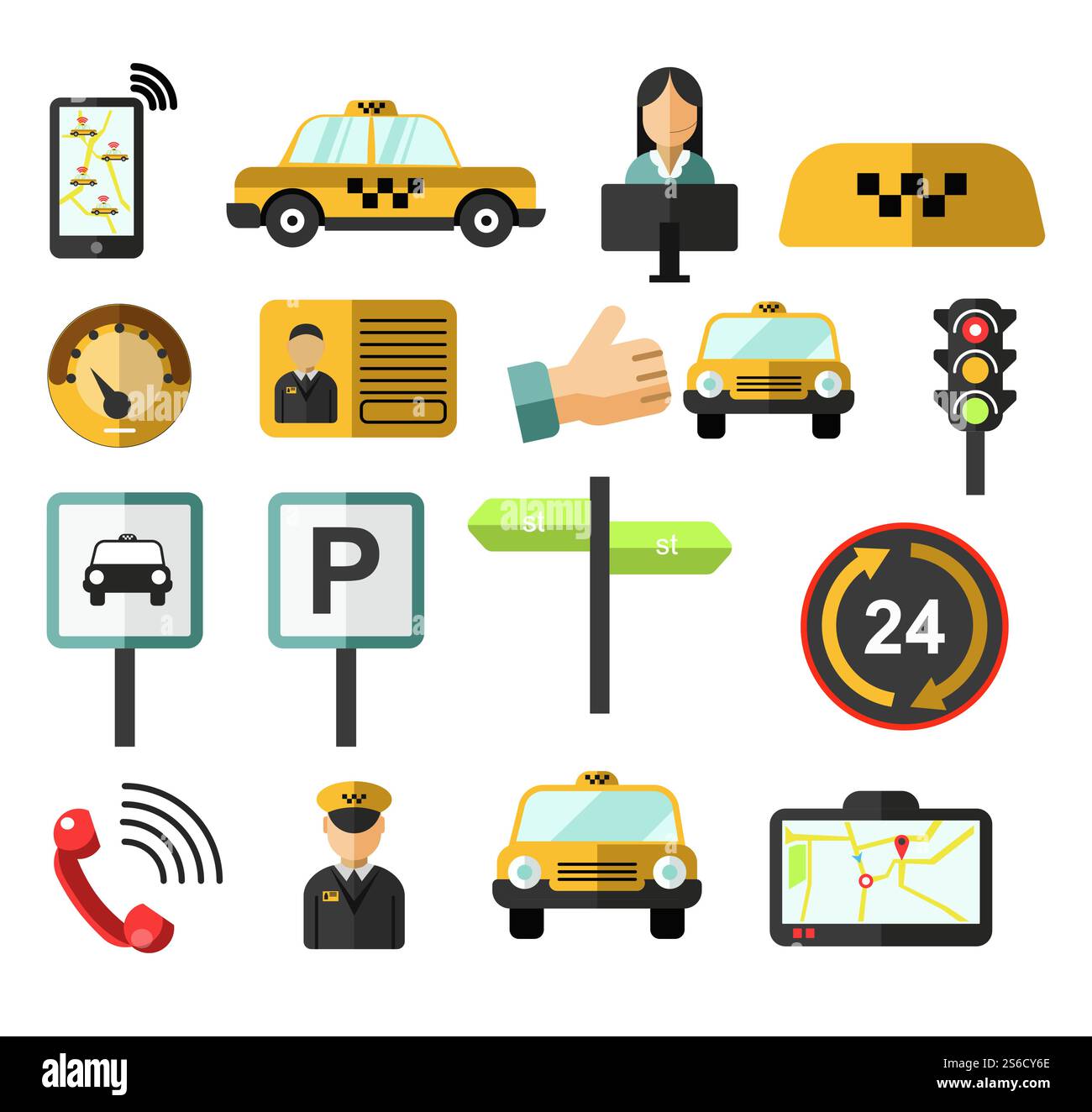 Taxi service isolated icons, car order by call or mobile app vector ...