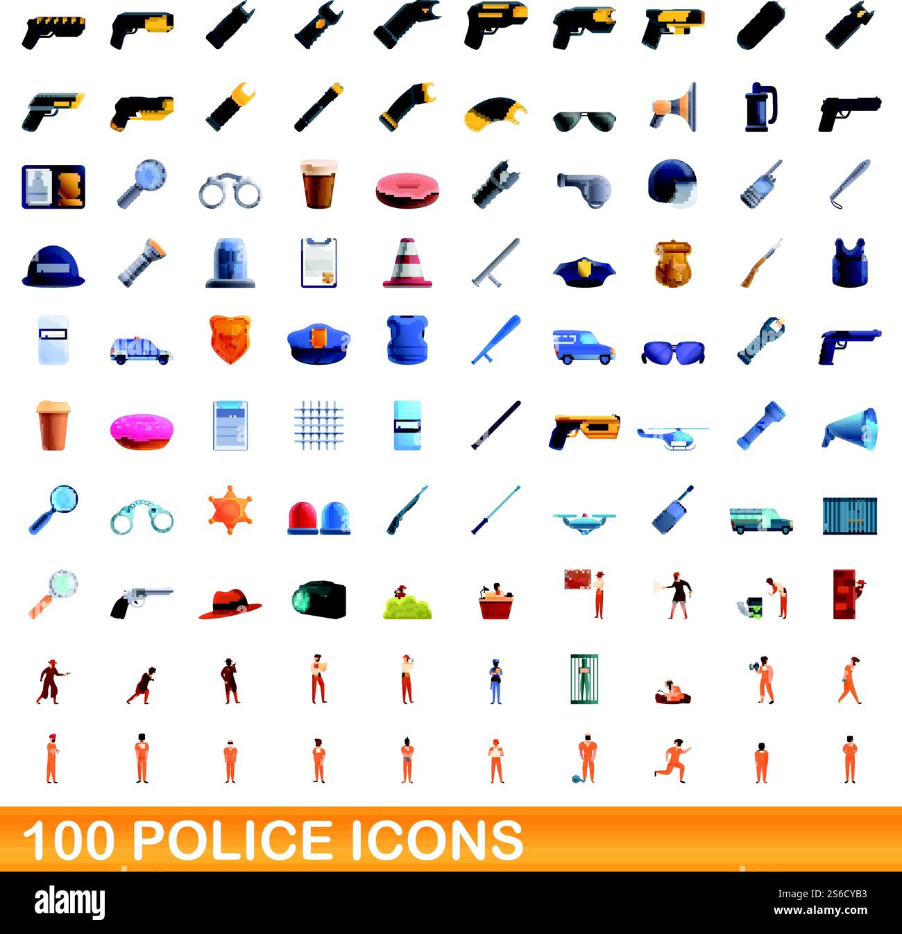 100 police icons set. Cartoon illustration of 100 police icons vector ...
