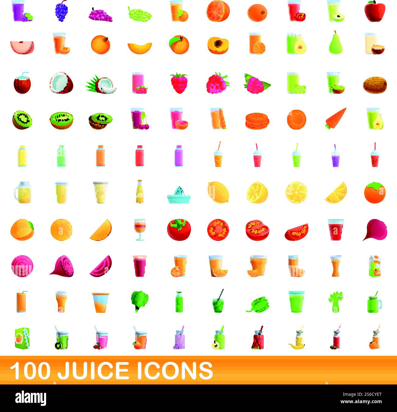 100 juice icons set. Cartoon illustration of 100 juice icons vector set ...