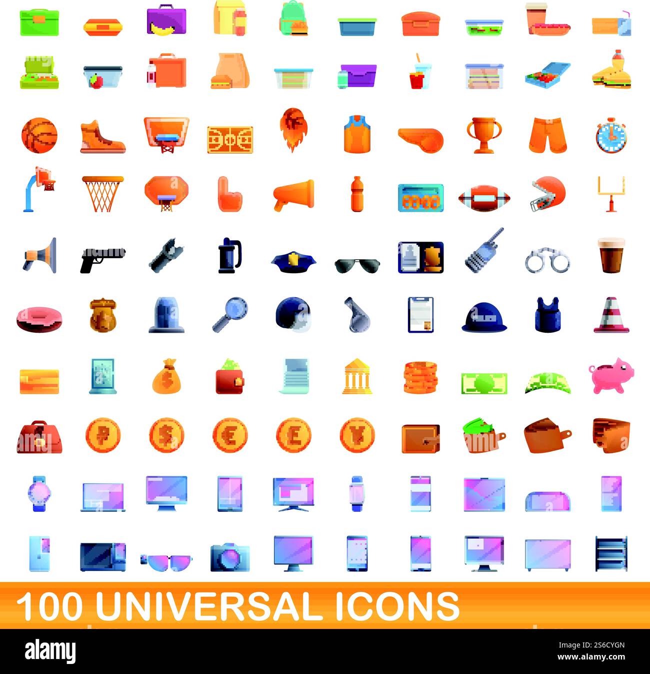 100 universal icons set. Cartoon illustration of 100 universal icons ...