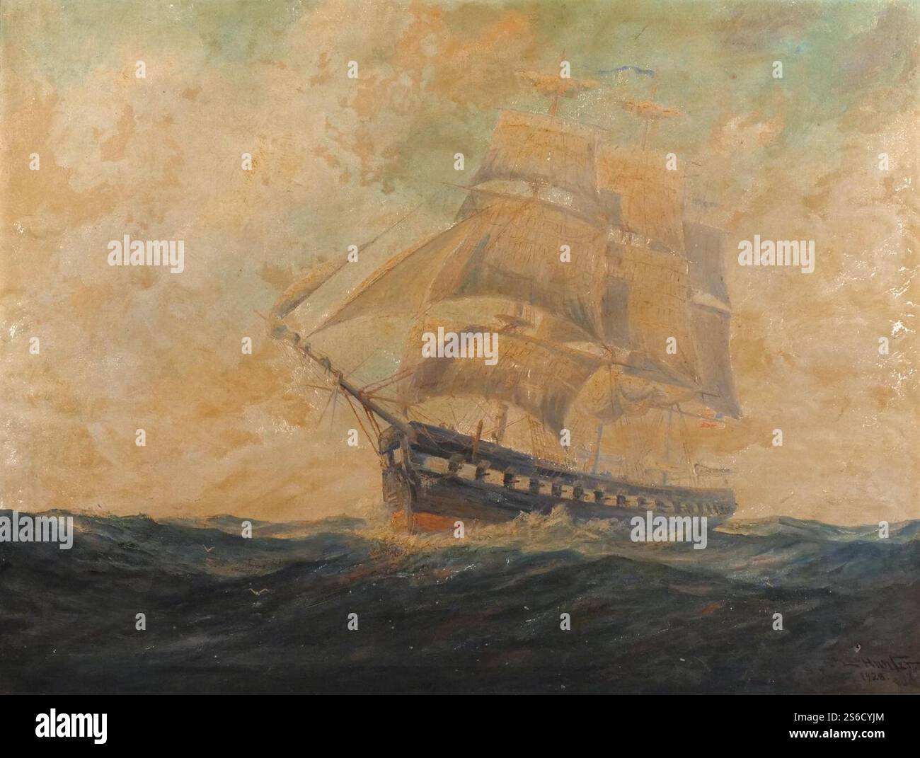 Frederick Leo Hunter - Three-masted ship at full sail, 1928, signed and ...