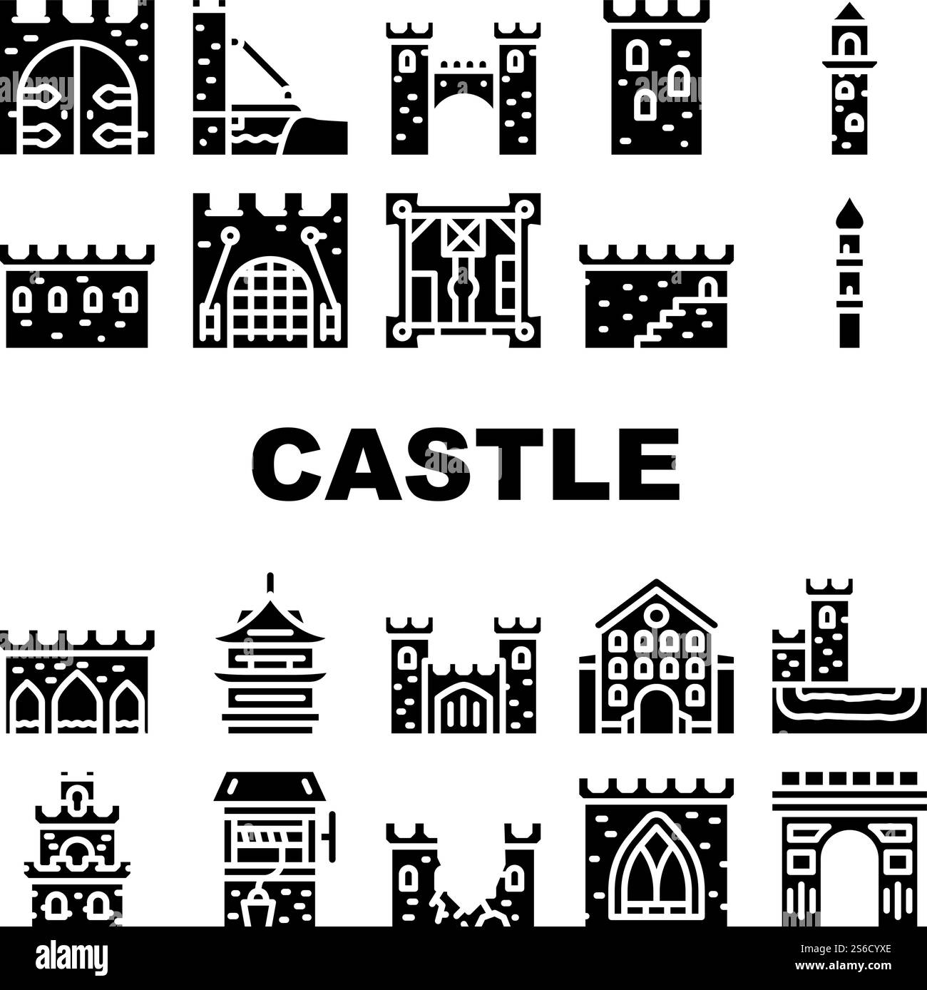 Castle Construction Collection Icons Set Vector. Medieval Castle Goal ...