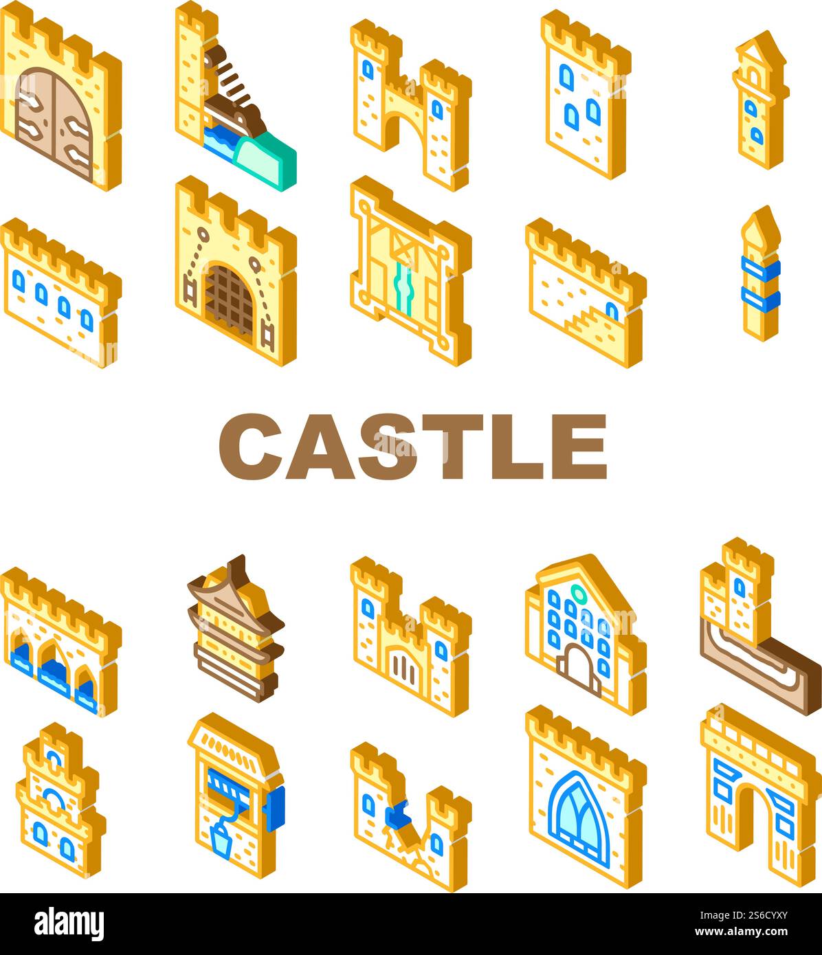 Castle Construction Collection Icons Set Vector. Medieval Castle Goal ...