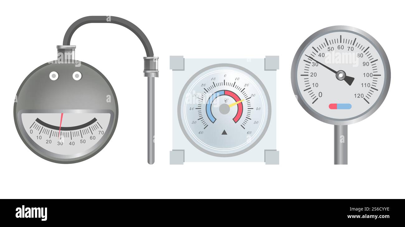 Metal thermometers with round scale and thin pointer isolated icons ...