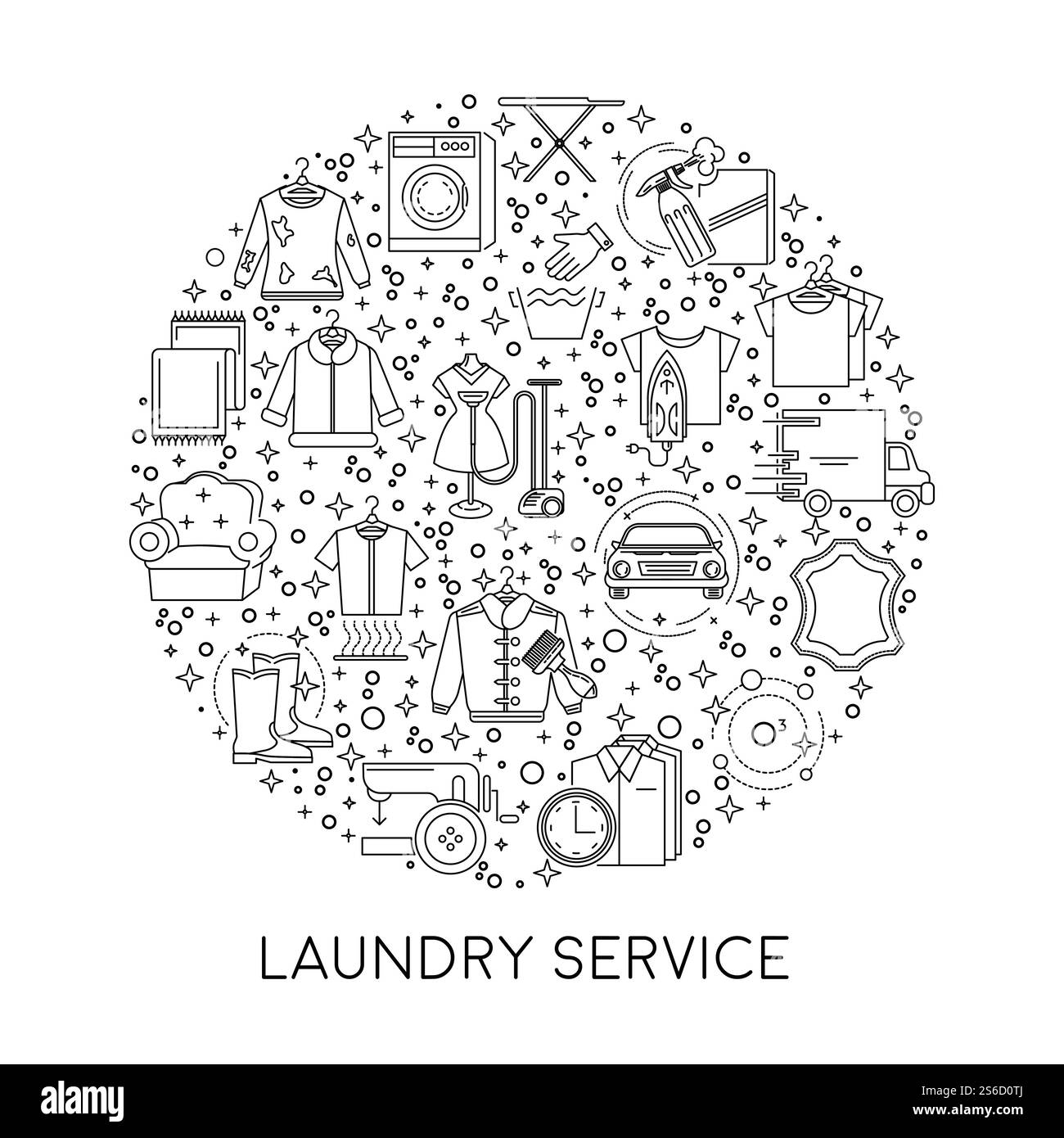 Dry cleaning, laundry service line icons, laundromat equipment vector ...