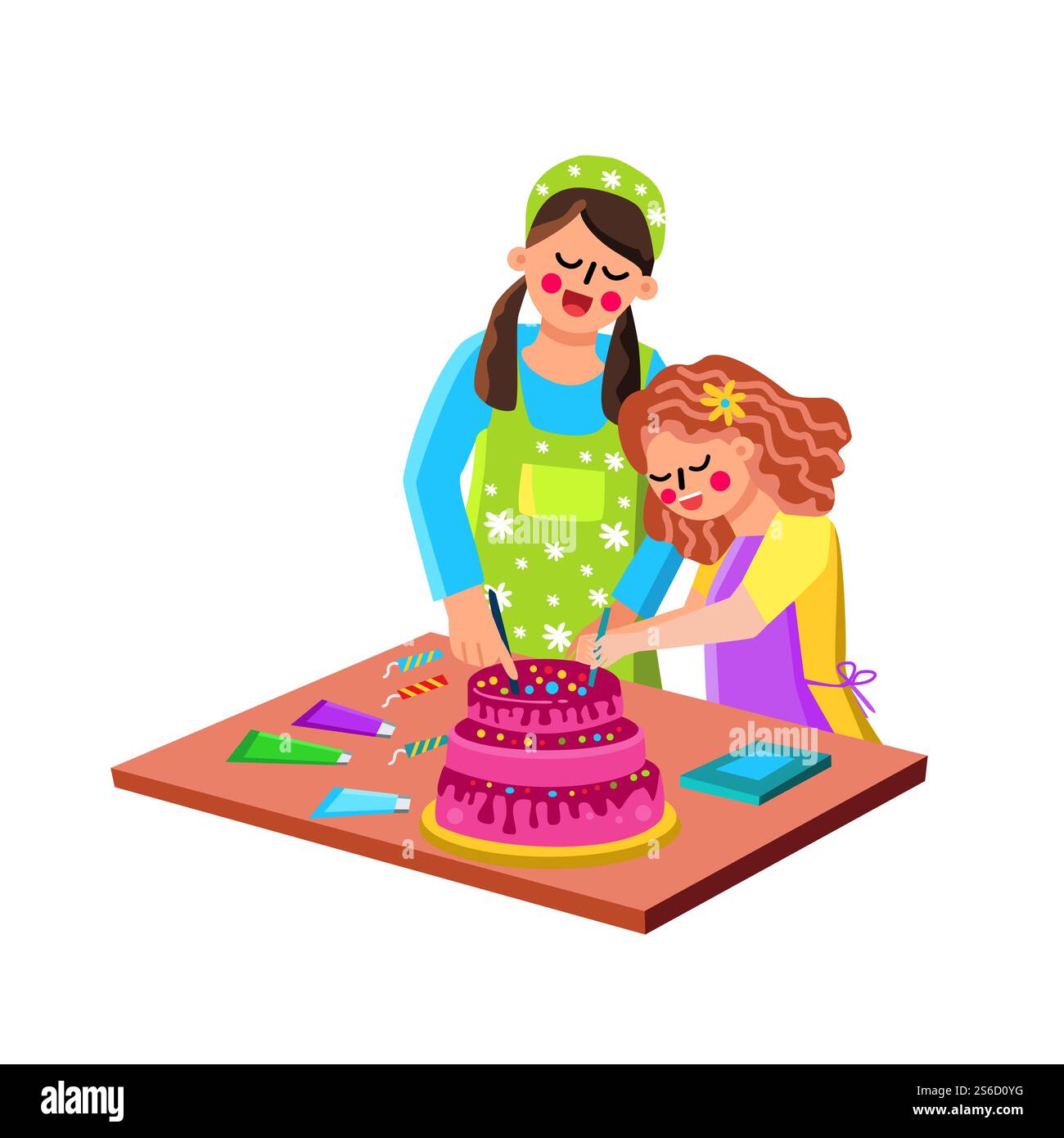 Mother And Daughter Cooking Cake Together Vector. Woman Mom Parent And ...
