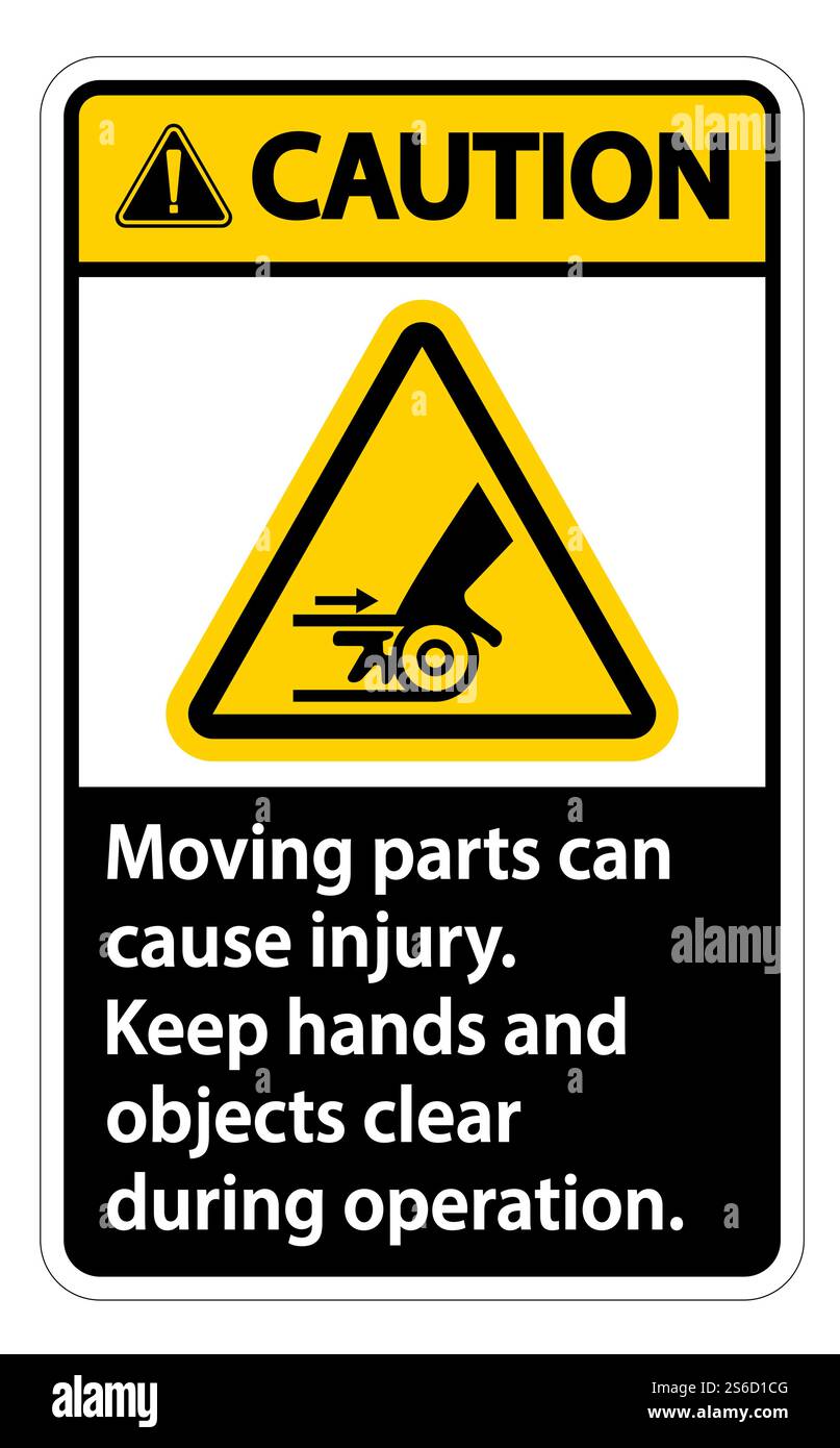 Caution Moving parts can cause injury sign on white background Stock ...