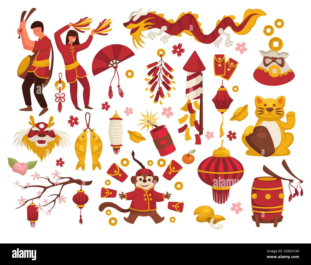 Chinese New Year symbols, asian man and woman, lantern and firecracker ...