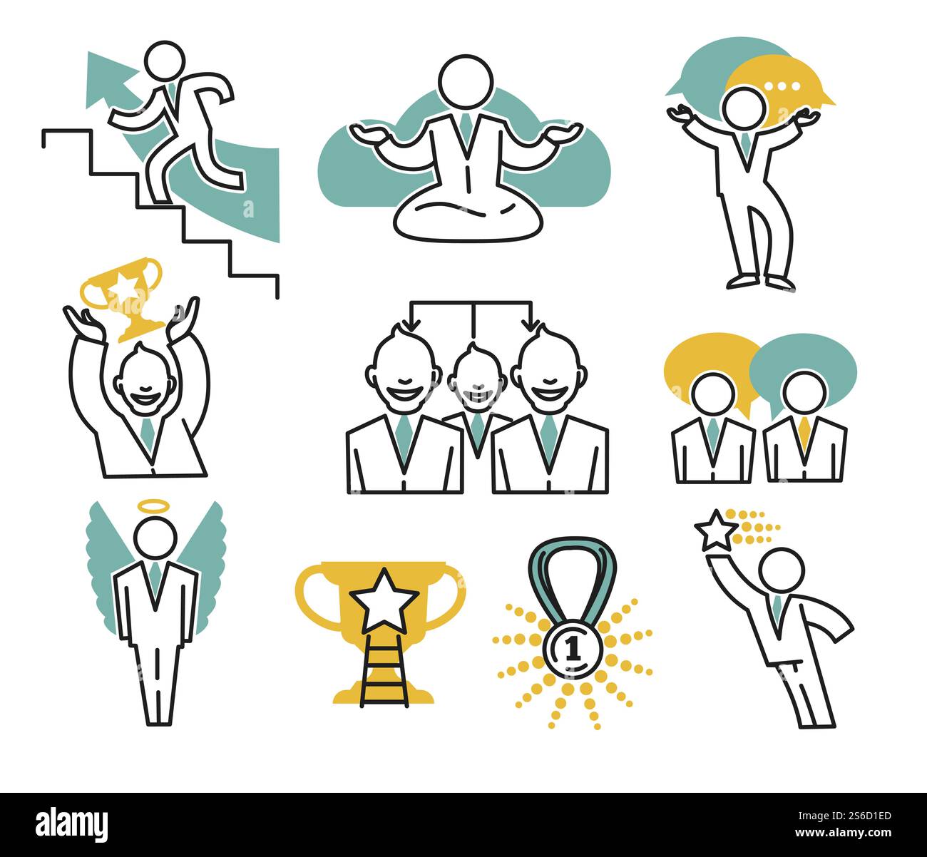 Business process, teamwork and career ladder, isolated icons vector ...