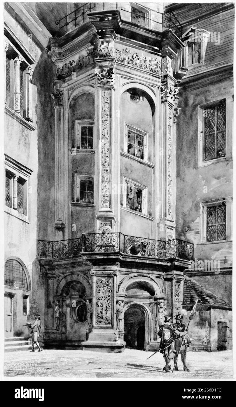 Fredrik Wilhelm Scholander - Parti av stora slottsgården med trapptorn ...