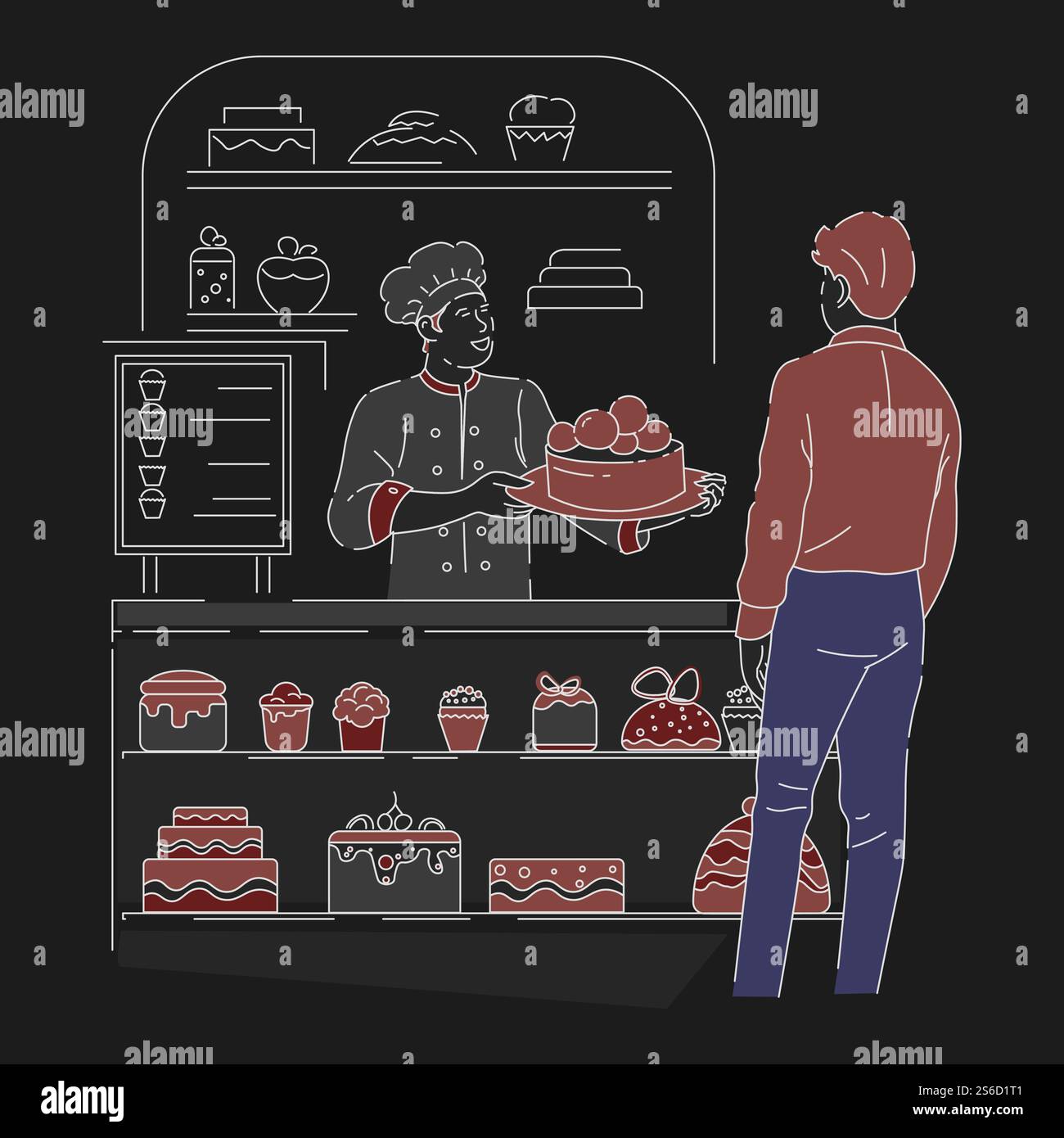 Baker and customer, bakery shop, cakes and cupcakes, showcase vector ...