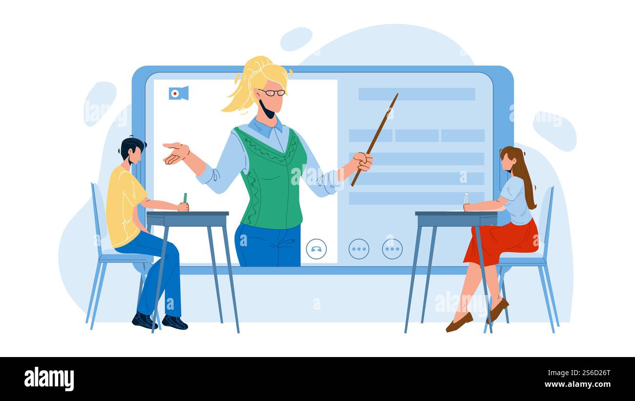 Digital Classroom Educational Web Lecture Vector. Boy And Girl Sitting ...