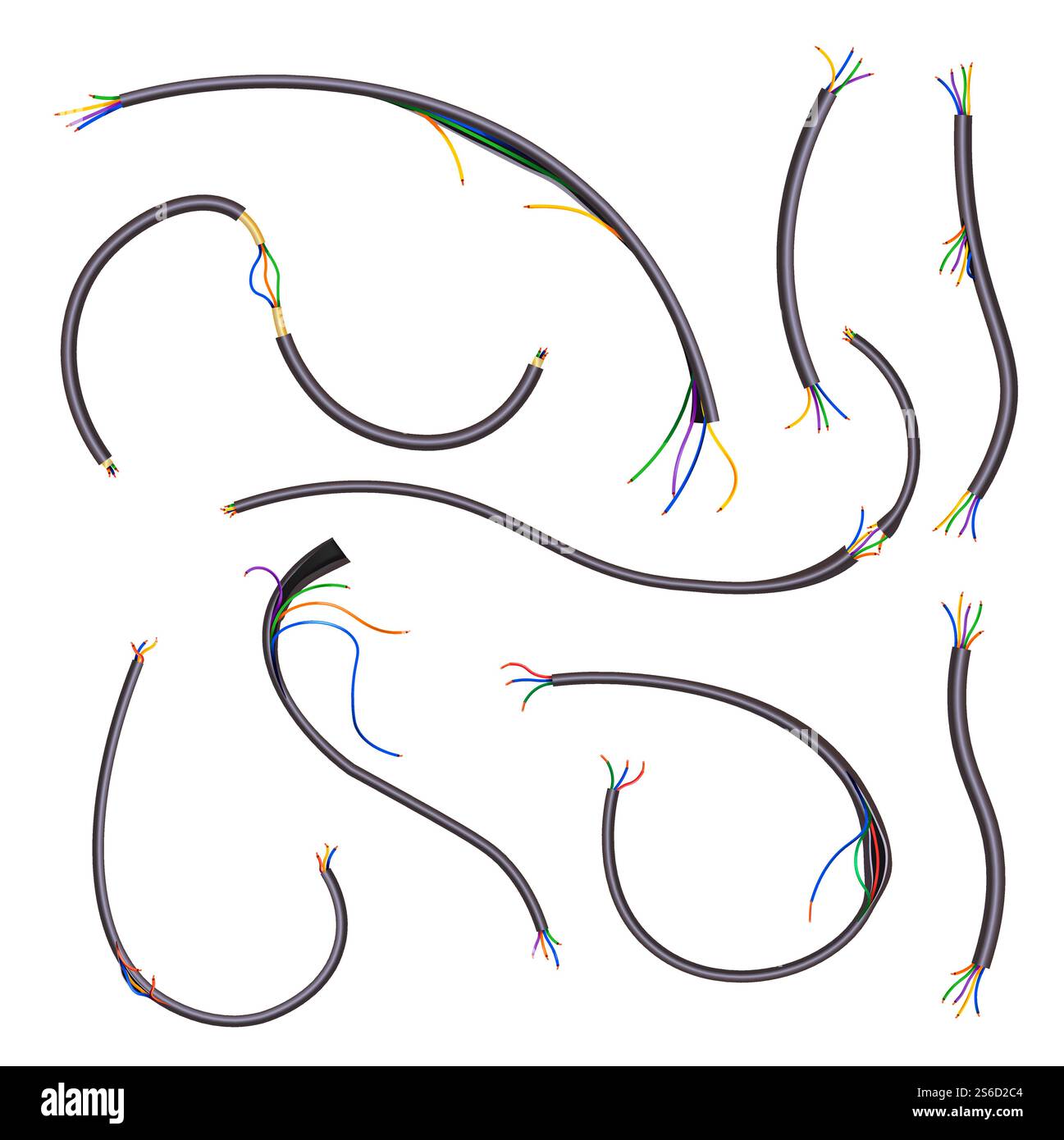 Flexible three-wire electrical cable isolated icons vector. Copper ...