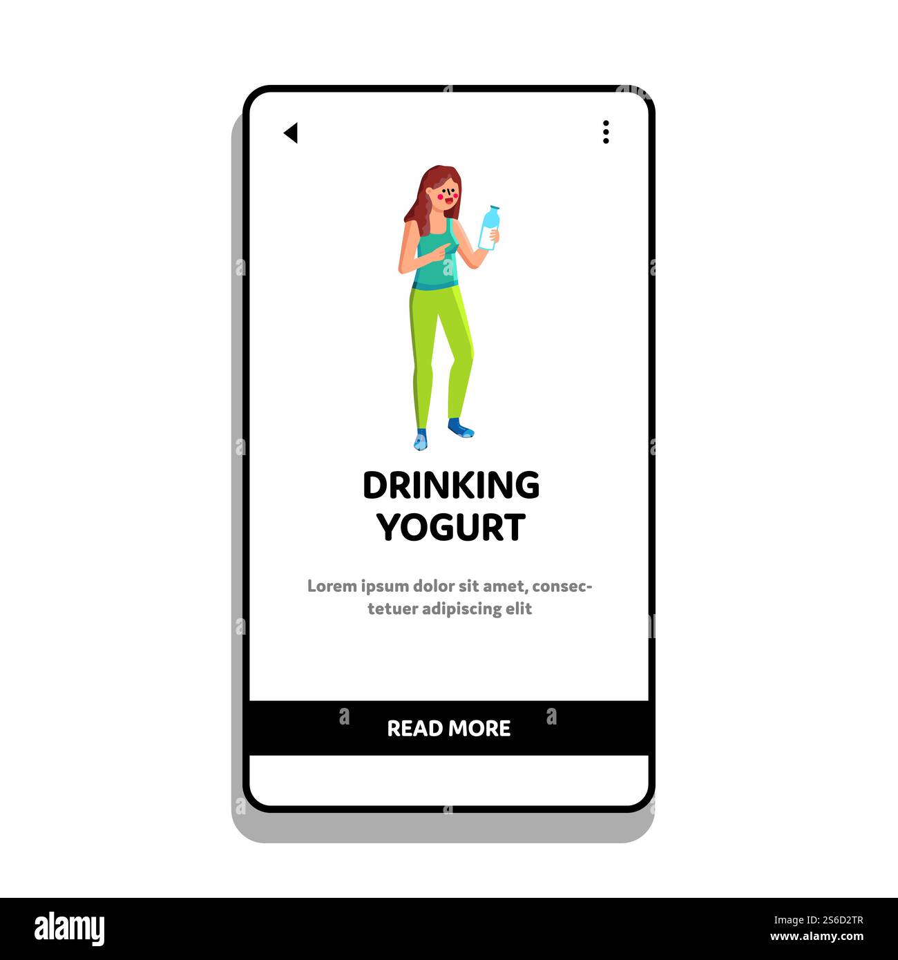 Woman Drinking Yogurt Tasty Dairy Product Vector. Girl Eating Milky ...