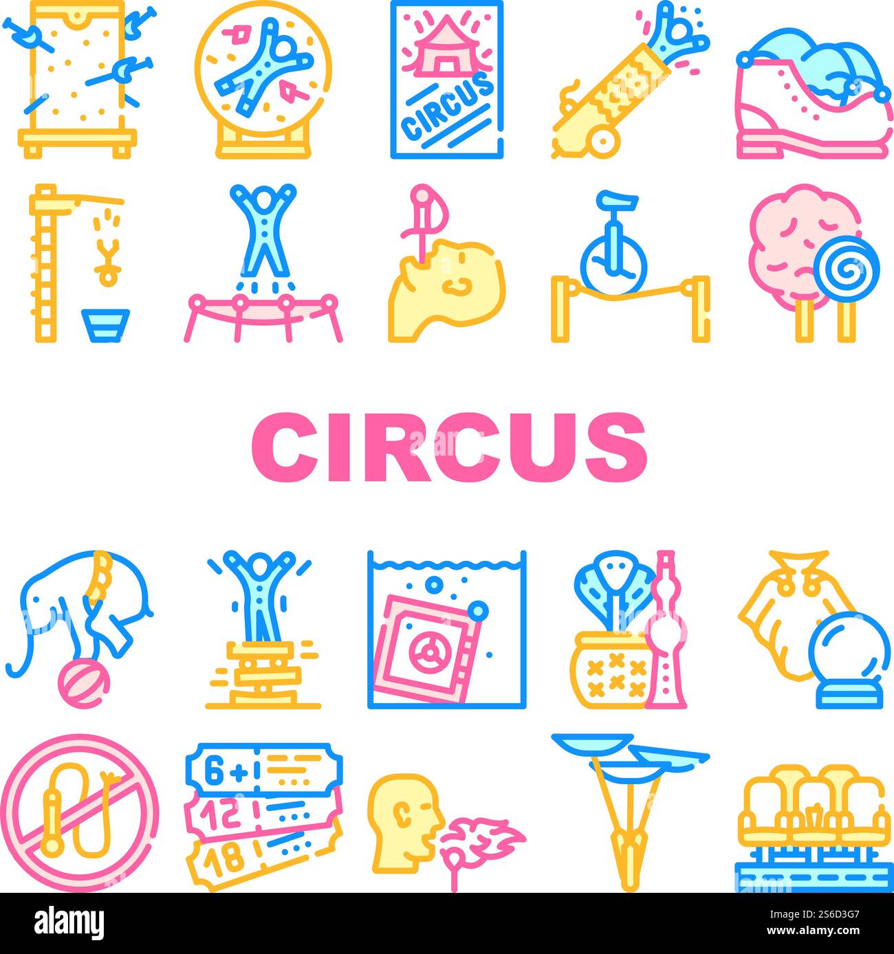 Circus Entertainment Collection Icons Set Vector. Circus Tickets And ...