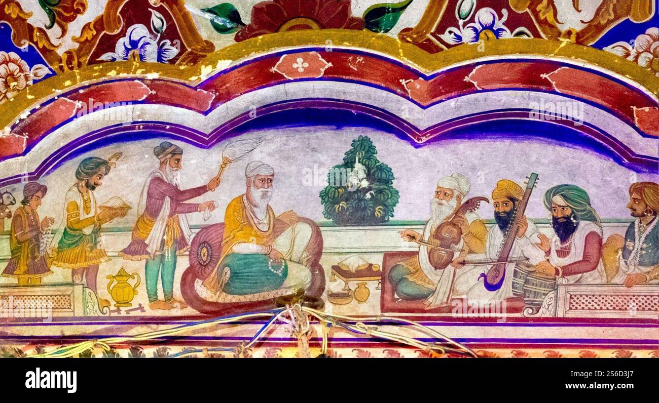 Fresco depicting a Sikh ragi jatha musically performing using traditional instruments in the ...