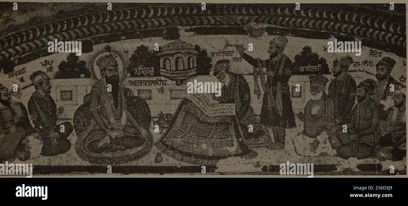 Fresco depicting figures associated with the compilation of the Guru Granth Sahib and its ...