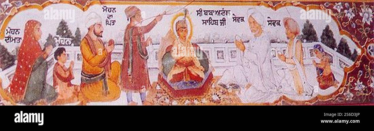 Fresco depicting Baba Atal Rai, son of Guru Hargobind, surrounded by other figures, from ...