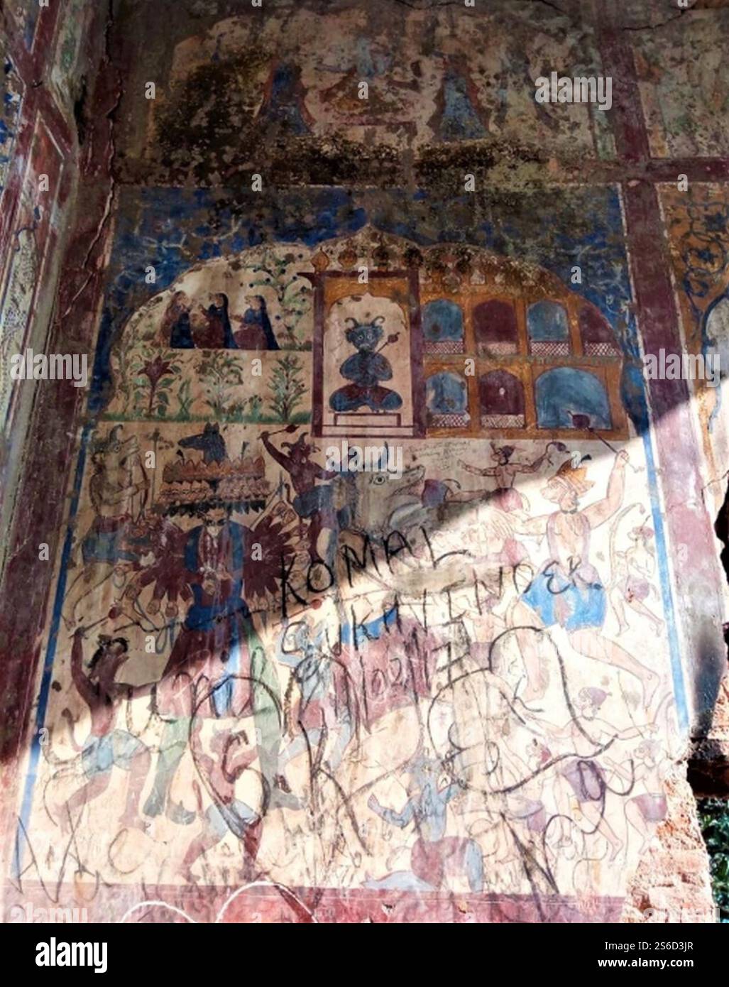 Fresco depicting a war scene from Indic mythology between gods and ...