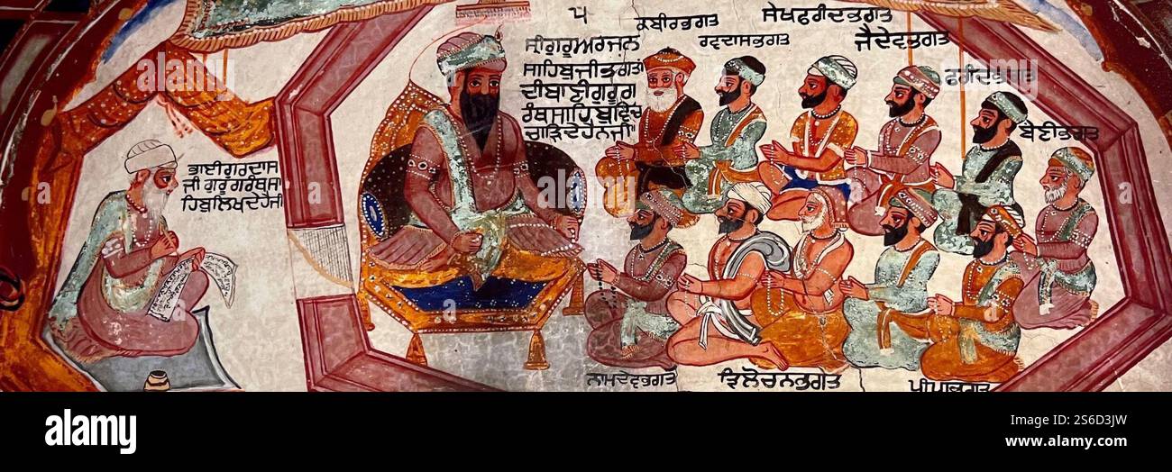 Fresco depicting Guru Arjan meeting the Bhagats and composing the Adi ...