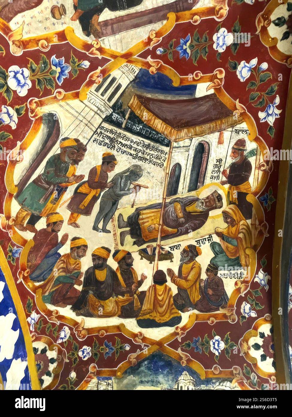 Fresco depicting the body of Guru Nanak as his family and followers ...