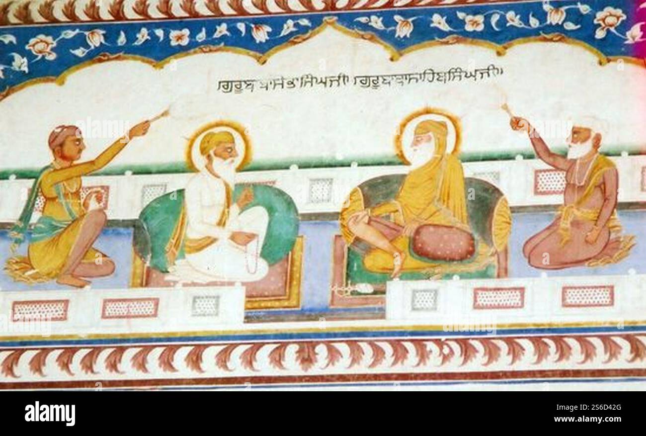 Fresco from the walls of Gurdwara Baba Bir Singh in Naurangabad depicting Sahib Singh Bedi and ...