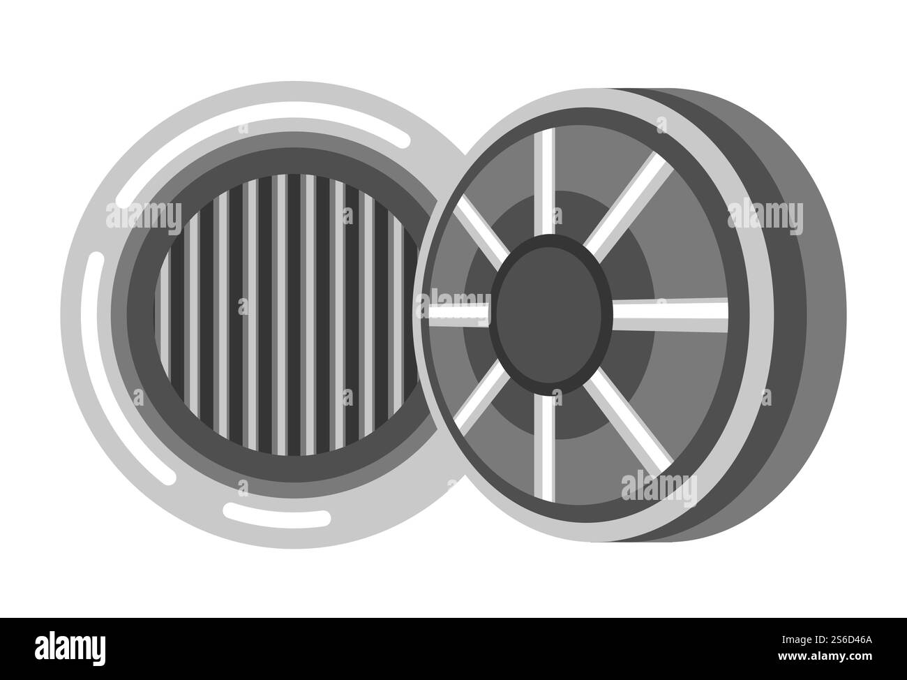 Round vault door, bank safe with bars inside for money storage. Opened ...