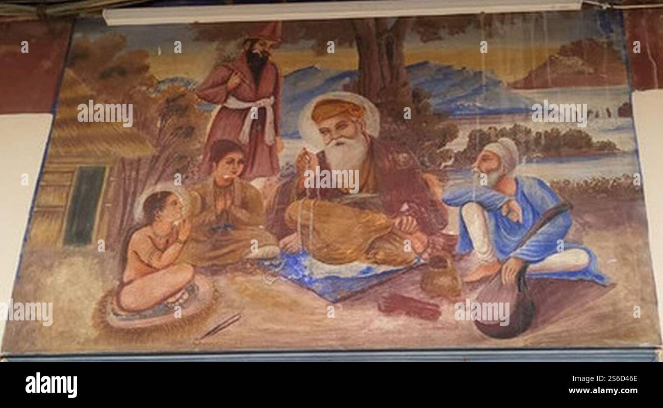 Fresco of Guru Nanak, Bhai Bala, Bhai Mardana, Sri Chand, and Lakhmi Das on a house constructed ...