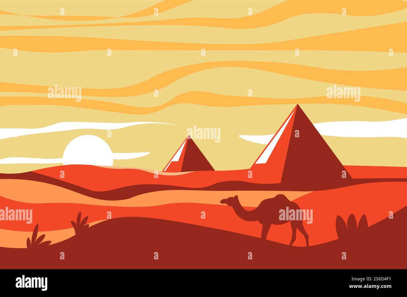 Desert with camels and Egyptian pyramids, barchans or sand hills vector ...
