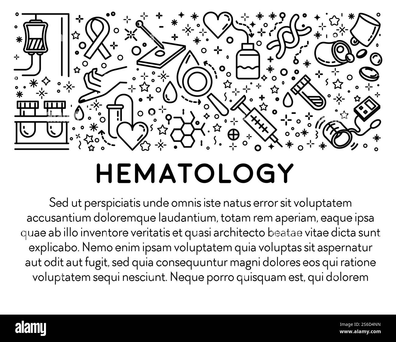 Hematology line icons on banner, blood cells and vessels ...