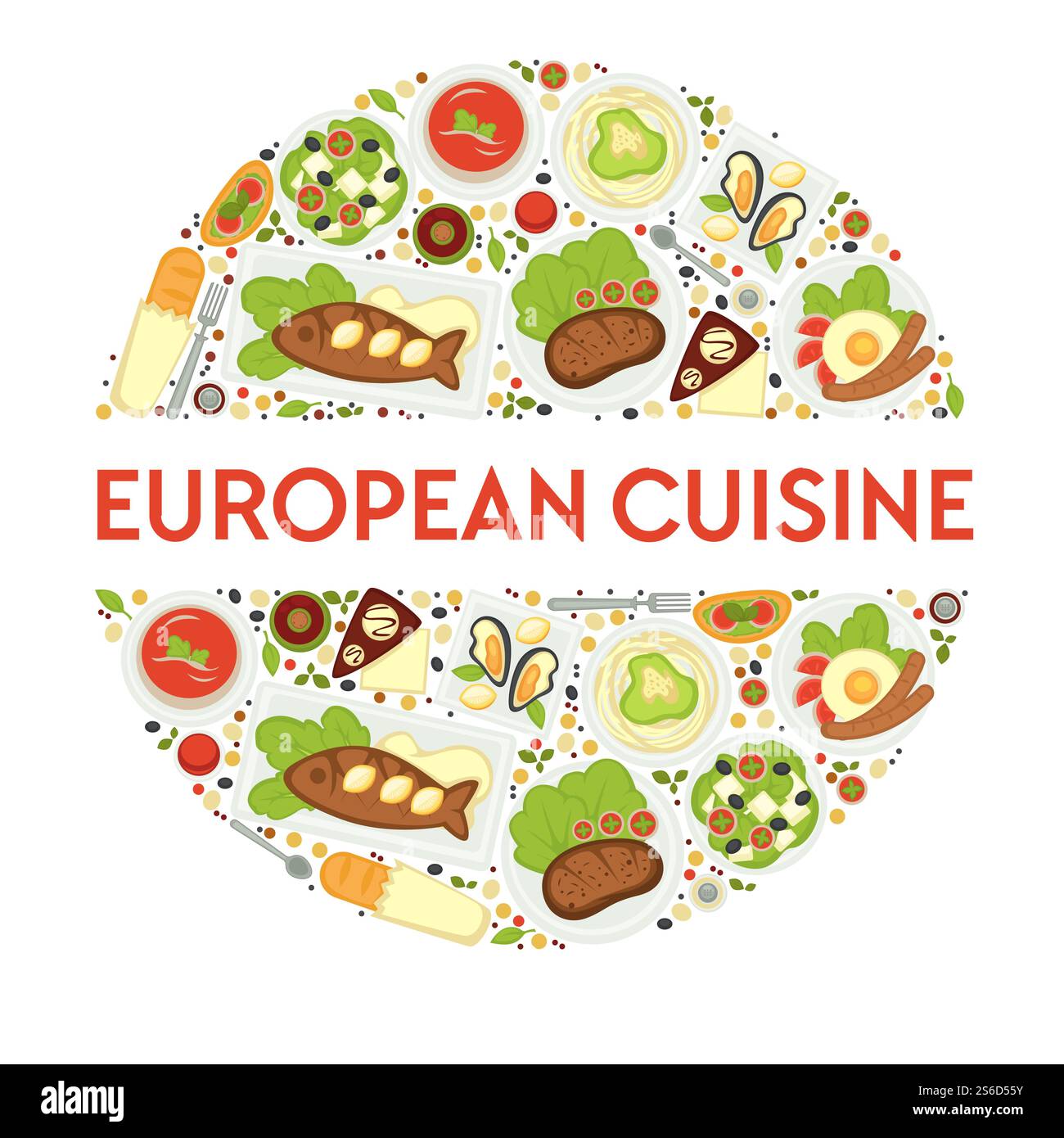 European cuisine banner, icons set in circle. Sausages with fried eggs ...