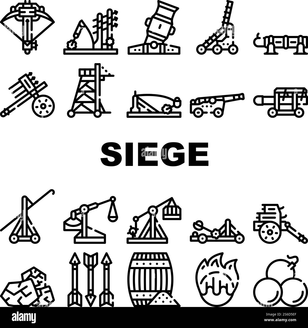 Siege Engine Catapult Collection Icons Set Vector. Ancient Weapon And ...