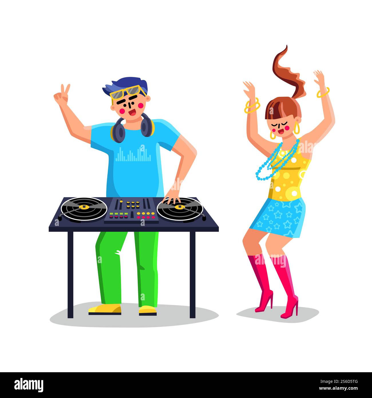 Disk Jockey Playing Music On Dj Equipment Vector. Dj At Turntable Play ...