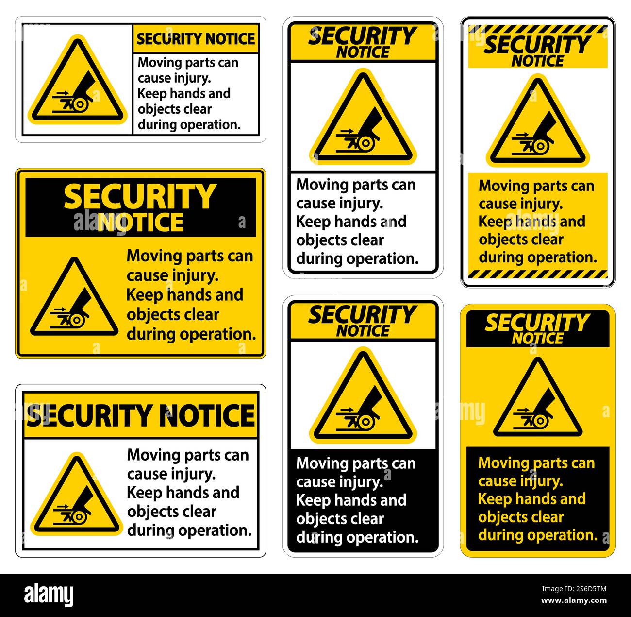 Security Notice Moving parts can cause injury sign on white background ...