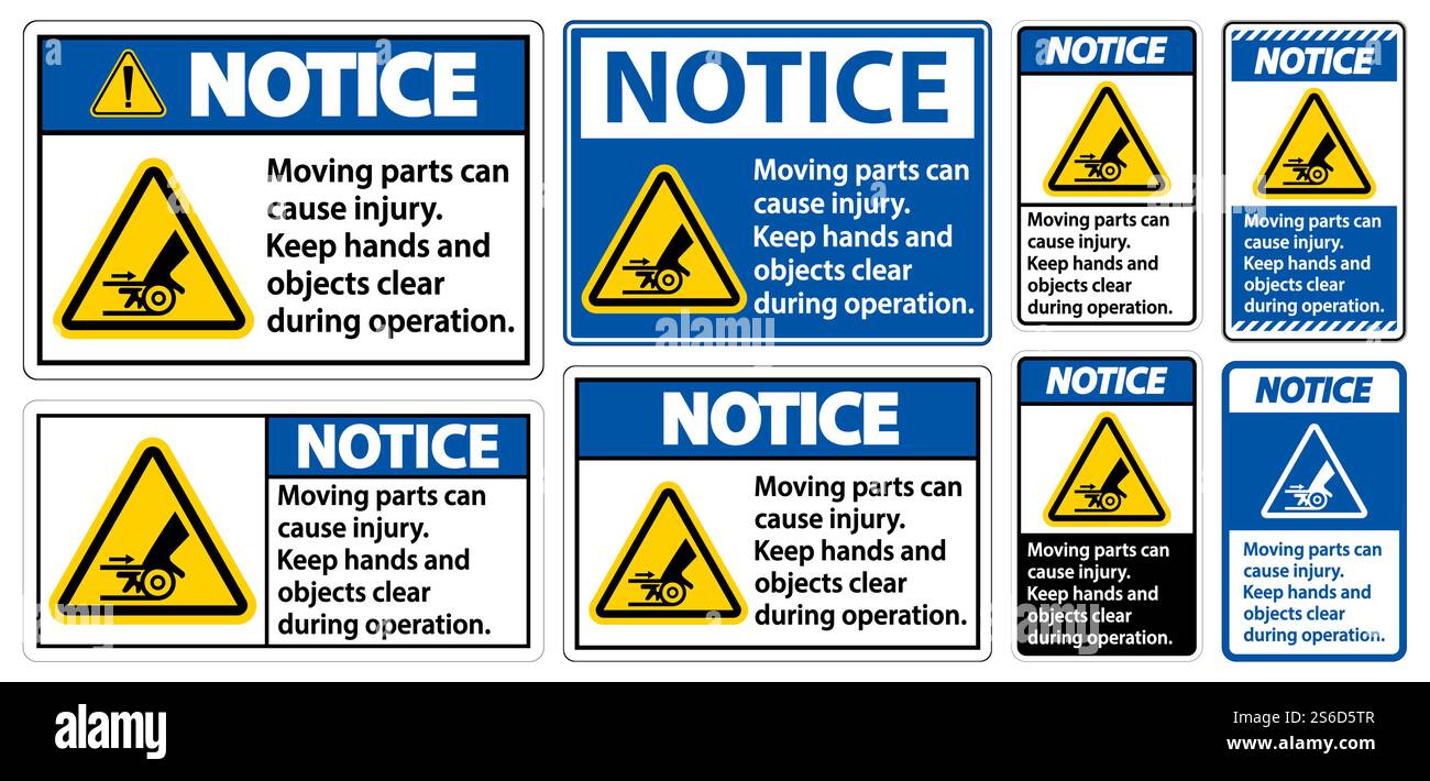 Notice Moving parts can cause injury sign on white background Stock ...