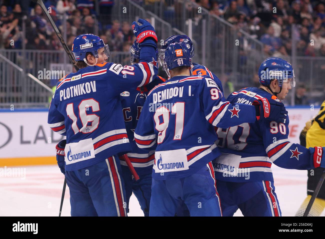 Saint Petersburg, Russia. 16th Jan, 2025. Ivan Demidov (91), Sergei Plotnikov (16) SKA Hockey ...
