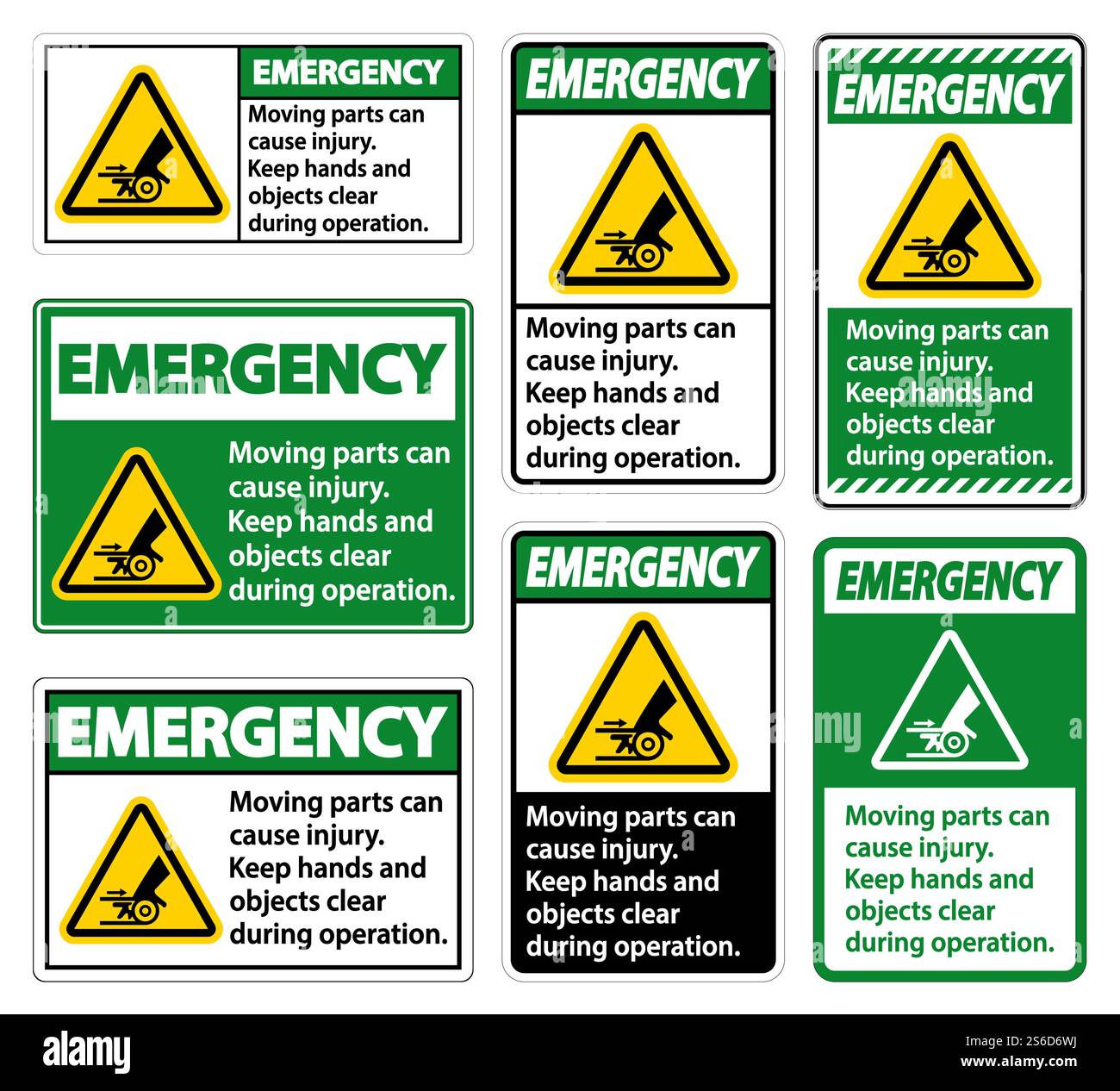 Emergency Moving parts can cause injury sign on white background Stock ...