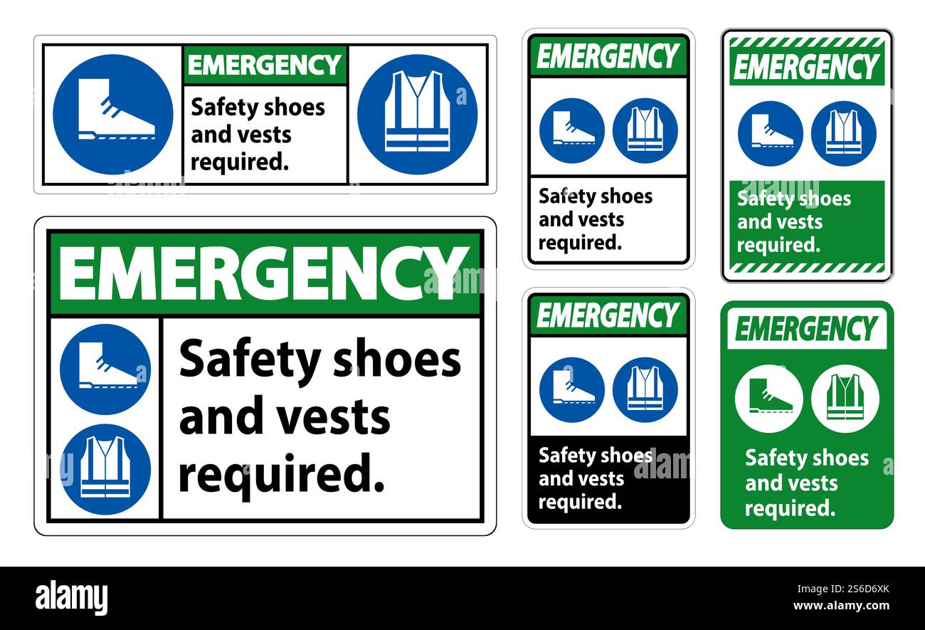 Emergency Sign Safety Shoes And Vest Required With PPE Symbols on white ...