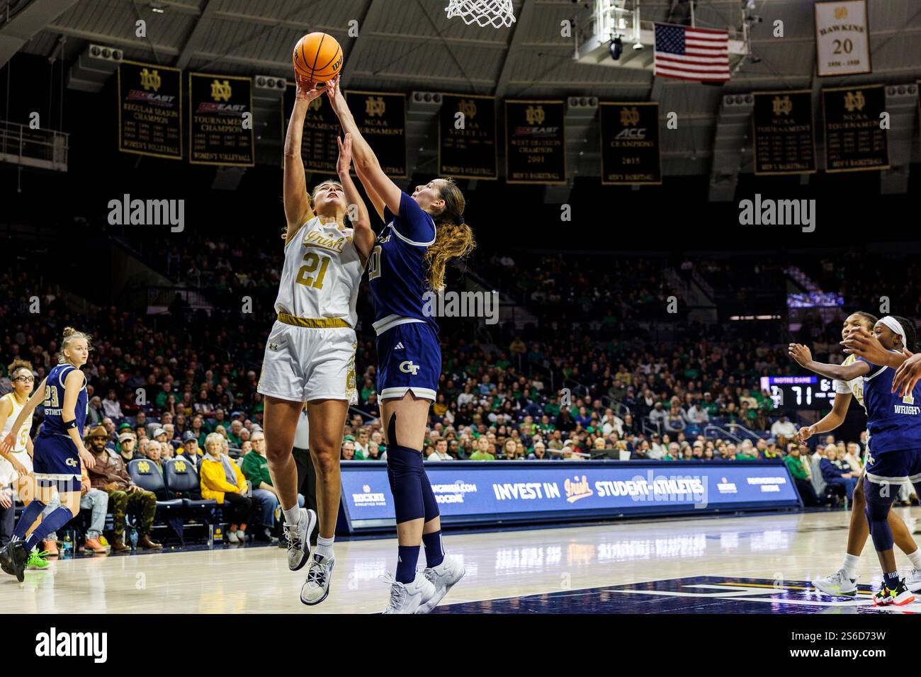 Notre Dame forward Maddy Westbeld (21) shoots as Georgia Tech center Ariadna Termis, right ...