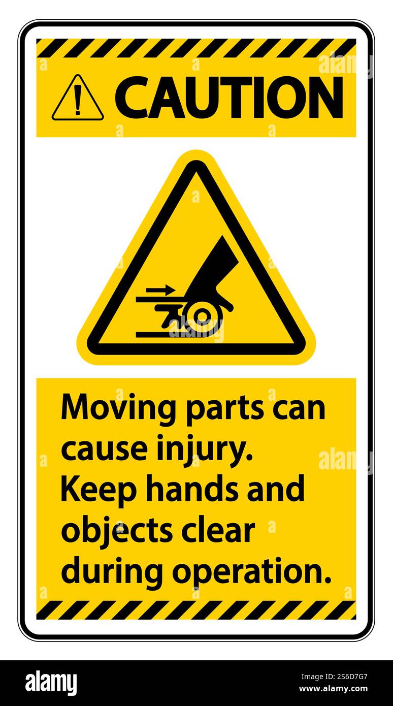 Caution Moving parts can cause injury sign on white background Stock ...
